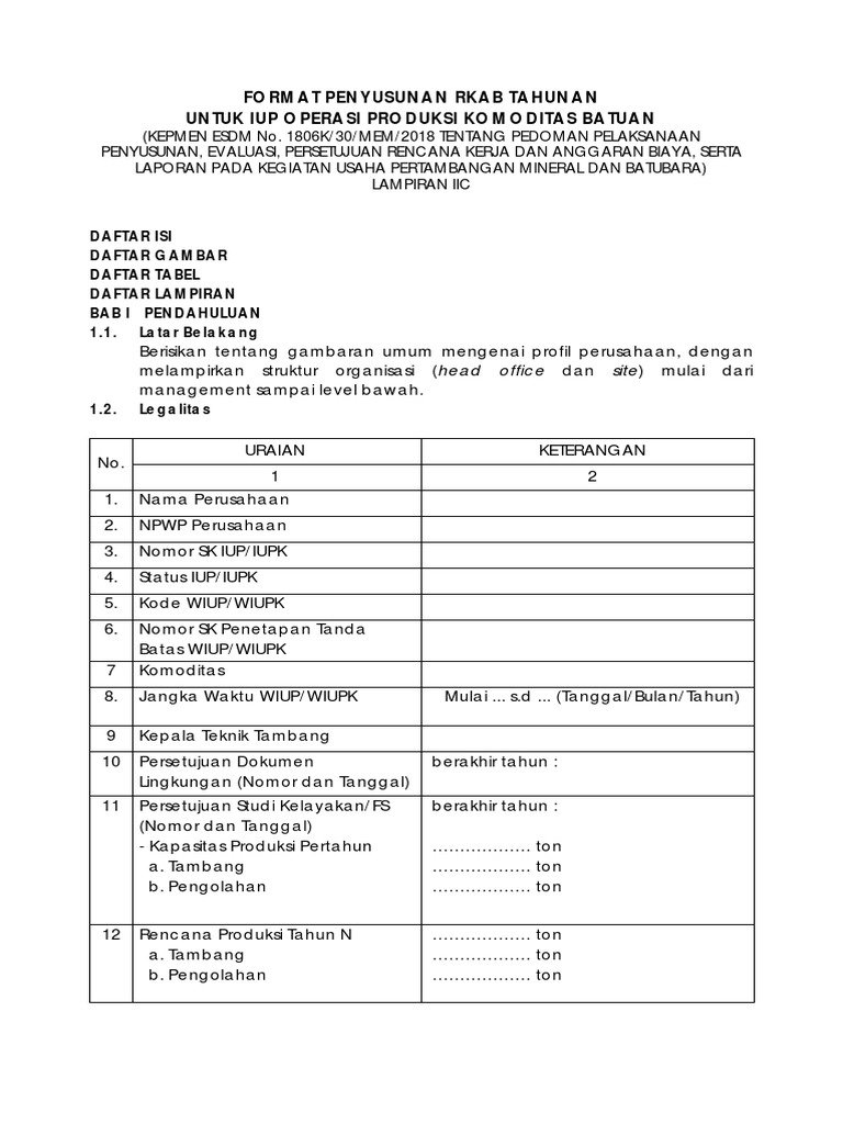 Format Penyusunan Rencana Kerja dan Anggaran Biaya (RKAB) Tahunan untuk ...