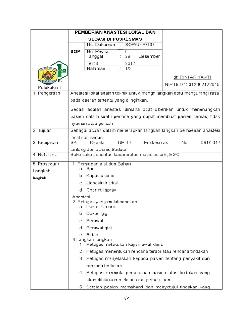7.7.1.3 Sop Pemberian Anastesi Lokal Dan Sedasi Di Puskesmas | PDF