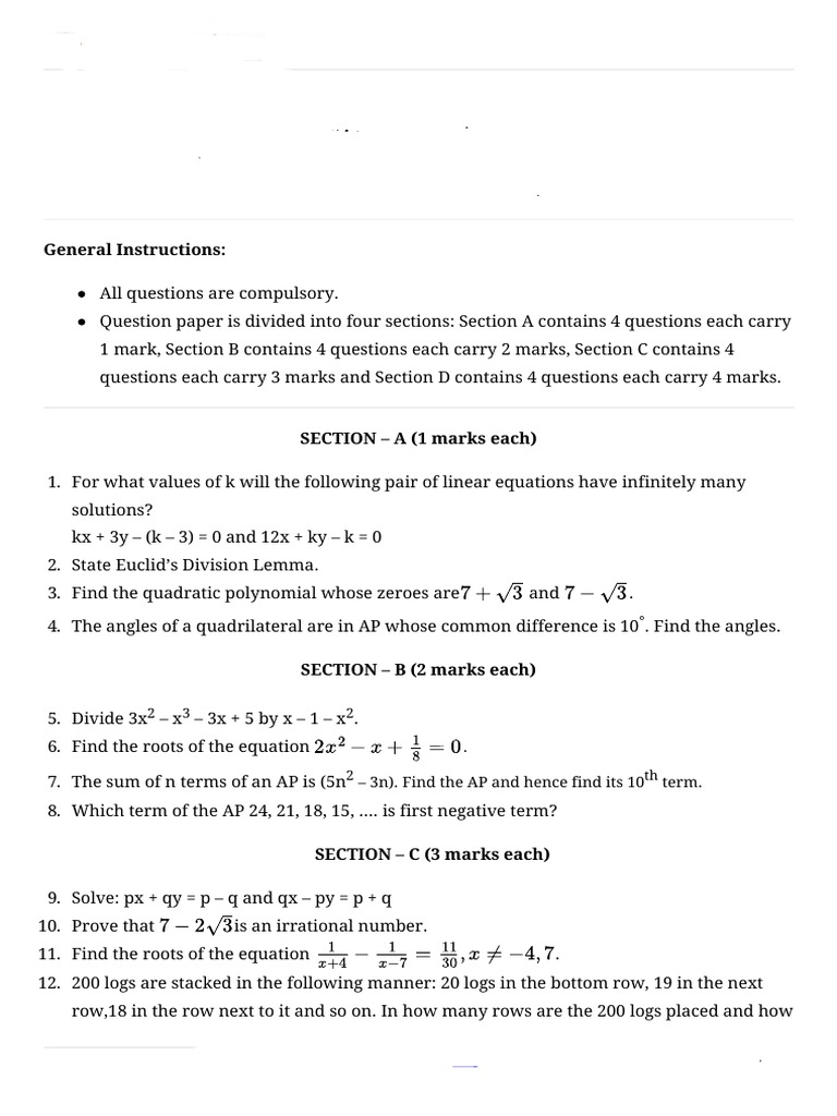 Class 10 Maths Periodic Test Paper | PDF | Quadratic Equation | Equations