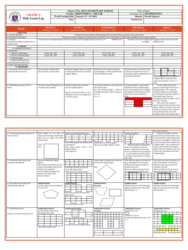 Grade 4 Math Lesson on Area of Irregular Figures | PDF | Area | Geometry
