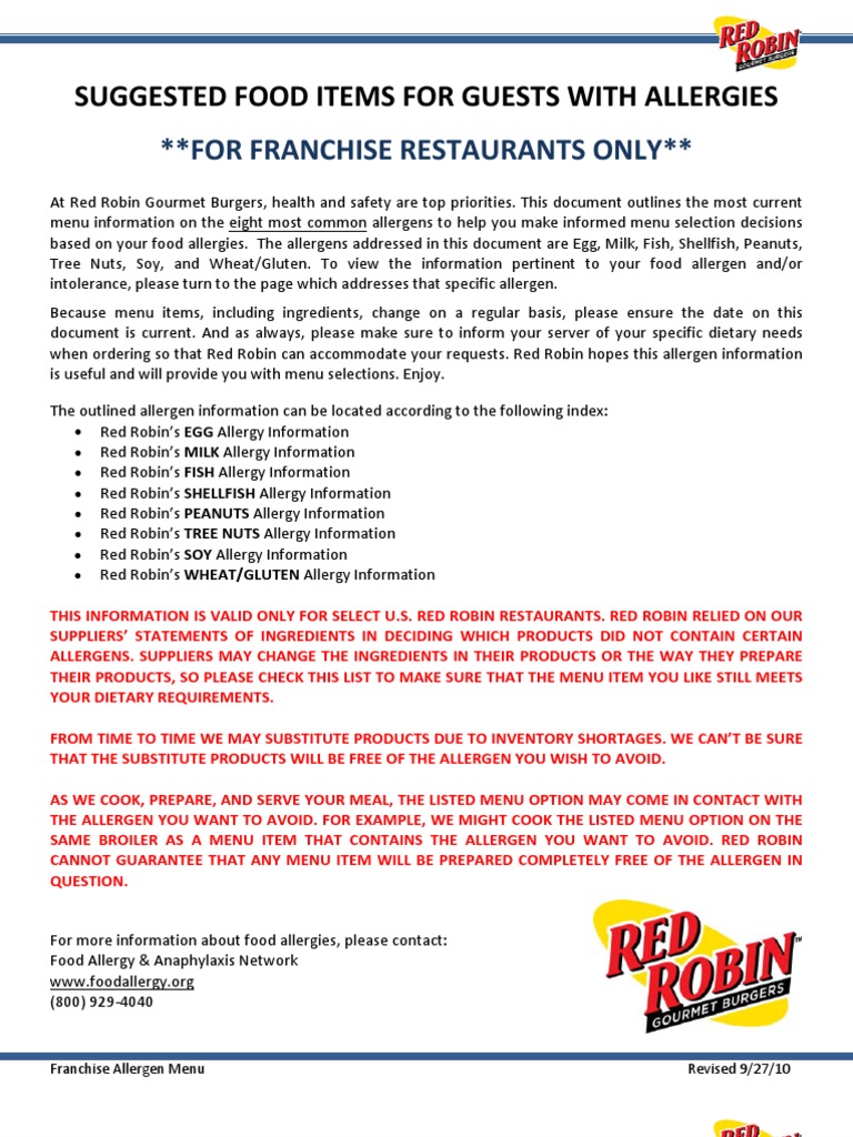 Red Robin Allergen Menu Guide | PDF | Hamburgers | Food Allergy