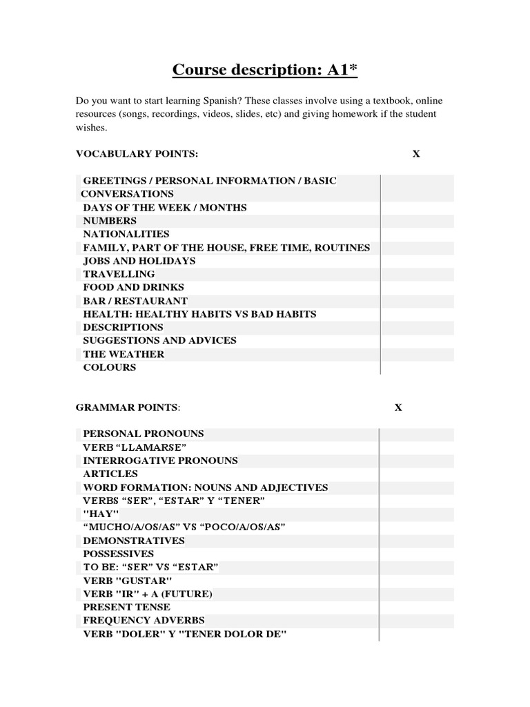 Spanish A1 Course Overview and Topics | PDF