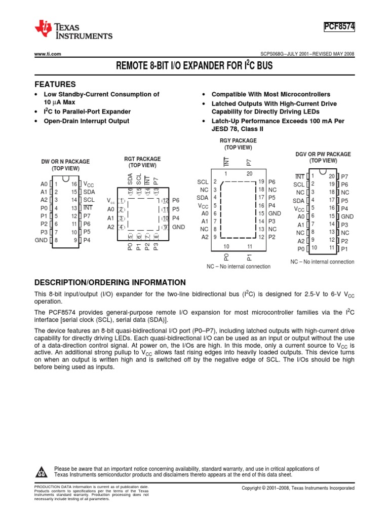 Remote 8-Bit I/O Expander For I C Bus: Rgy Package (Top View) RGT ...