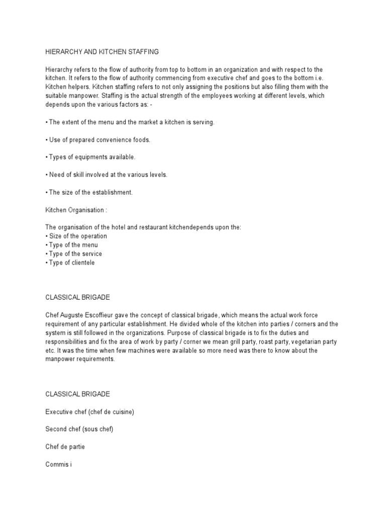 Hierarchy and Kitchen Staffing | PDF | Chef | Cooking