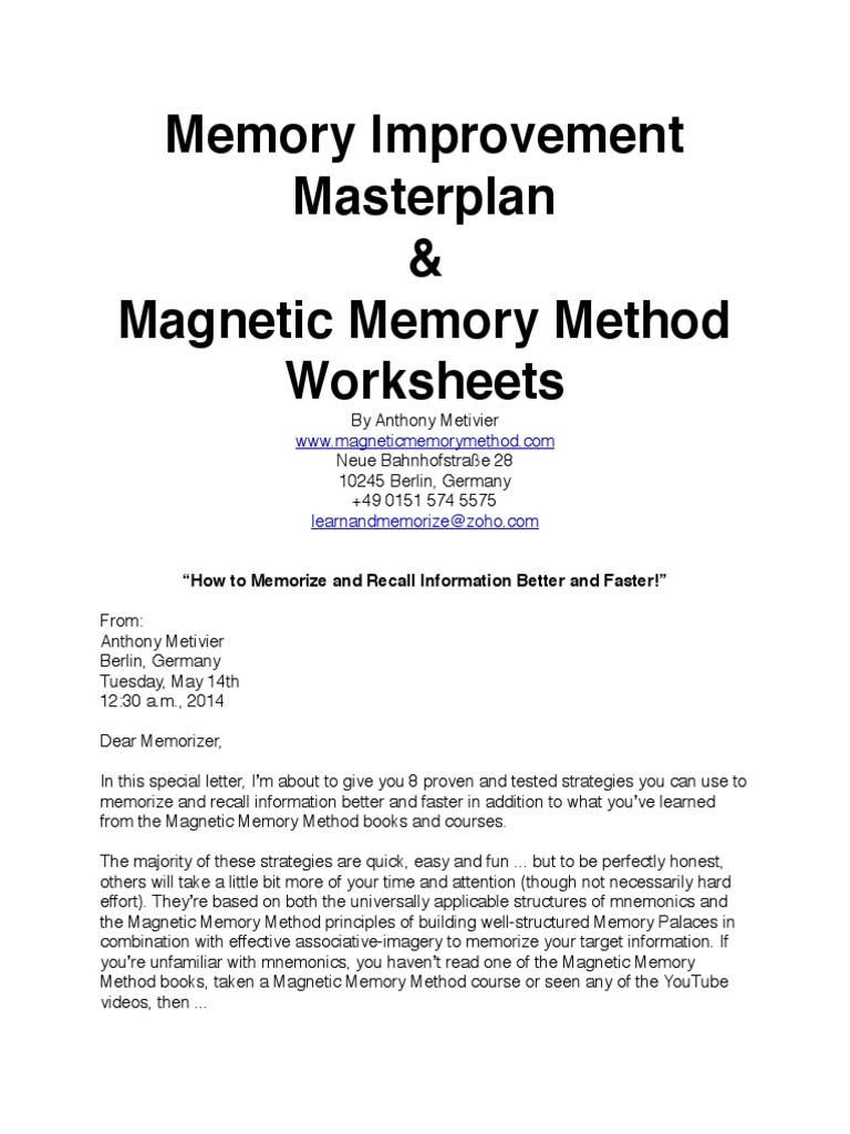 Memory Improvement Masterplan & Magnetic Memory Method Worksheets | PDF | Memory | Recall (Memory)