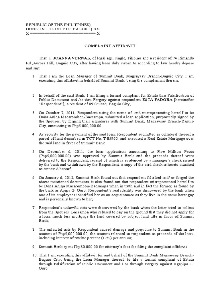 Estafa Complaint Affidavit by Summit Bank | PDF | Forgery | Affidavit
