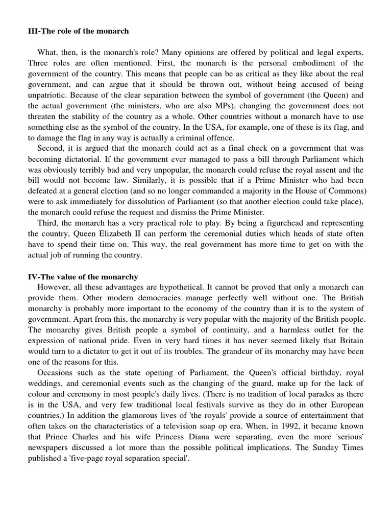 III-The Role of The Monarch | PDF | Prime Minister | Monarchy