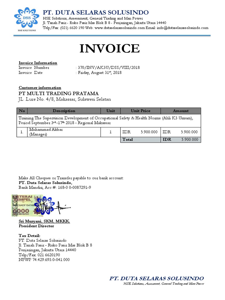 (Invoice) 370 Inv Ak3u Dss Viii 2018 PT Multi Trading Pratama | PDF