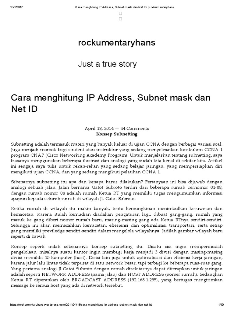 Cara Menghitung Ip Address Subnet Mask Dan Net Id Rockumentaryhans | PDF