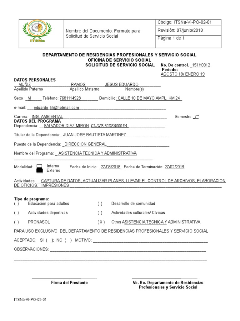 1 Formato para Solicitud de Servicio Social | PDF