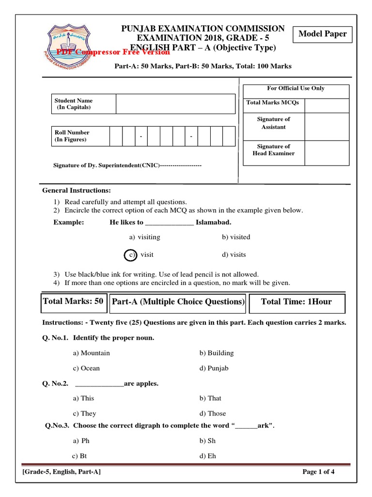 5th Class English Paper Pattern 2018 | PDF | Bean | Multiple Choice