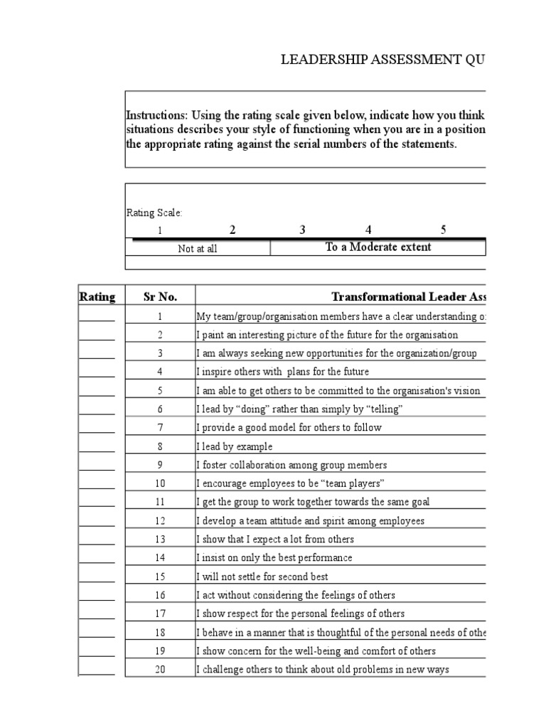 Leadership Assessment Questionnaire: Rating SR No. Transformational ...