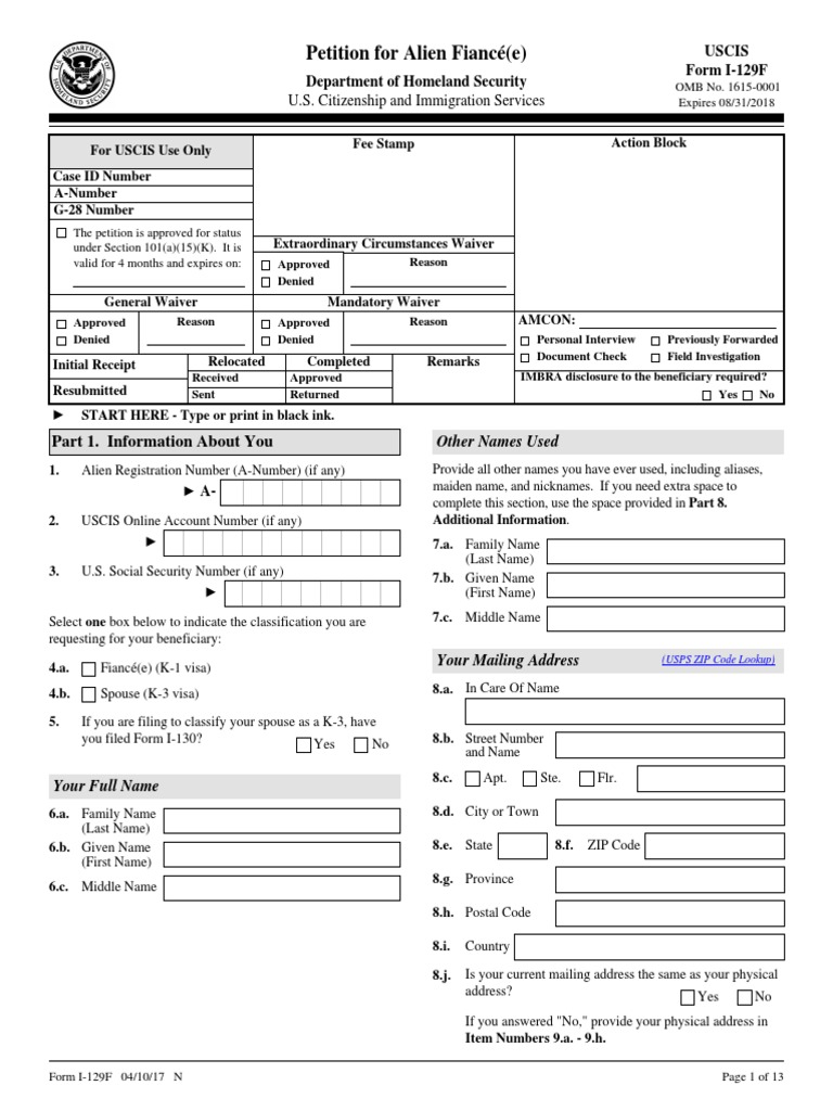 Petition For Alien Fiancé (E) : Uscis Form I-129F | PDF | Address ...