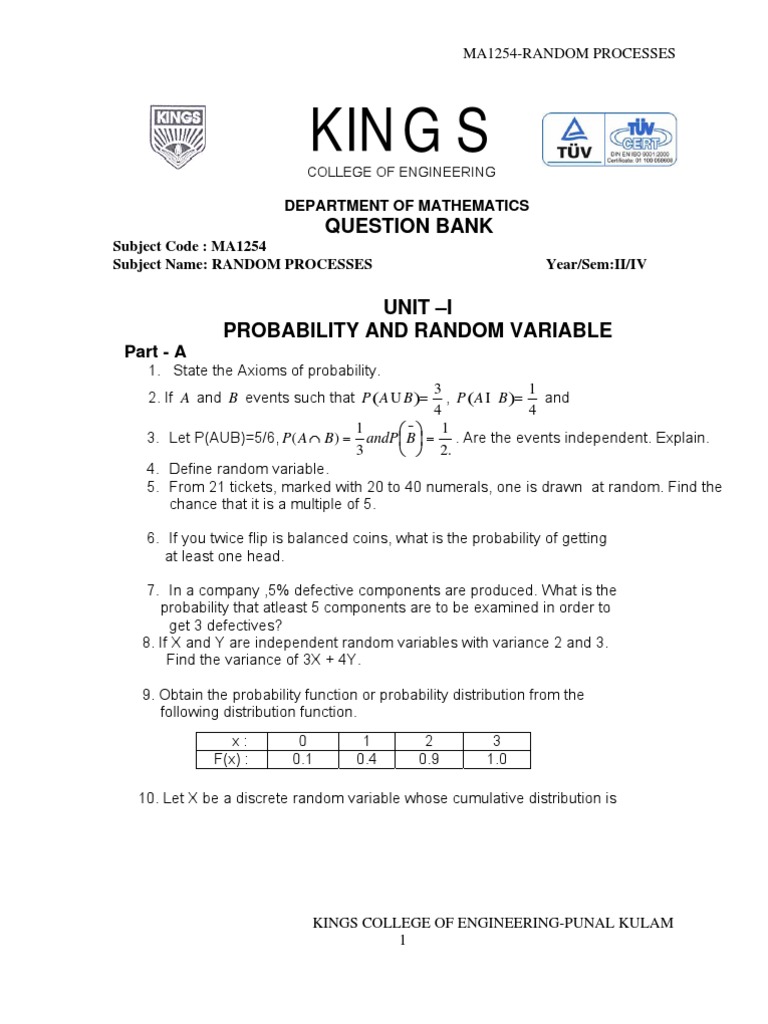 Random Processes Ma1254 | PDF | Stochastic Process | Probability Density Function