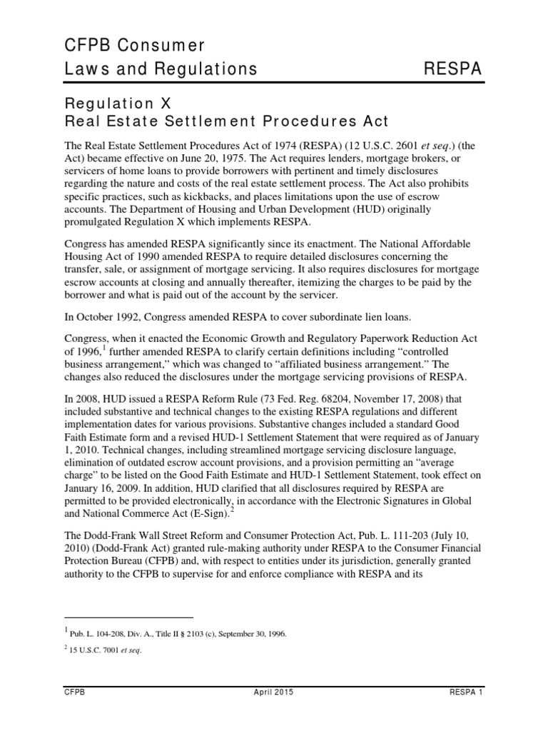 CFPB - Regulation X Real Estate Settlement Procedures Act PDF | PDF ...