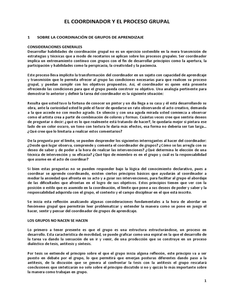 El Coordinador y El Proceso Grupal | PDF | Subjetividad | Aprendizaje