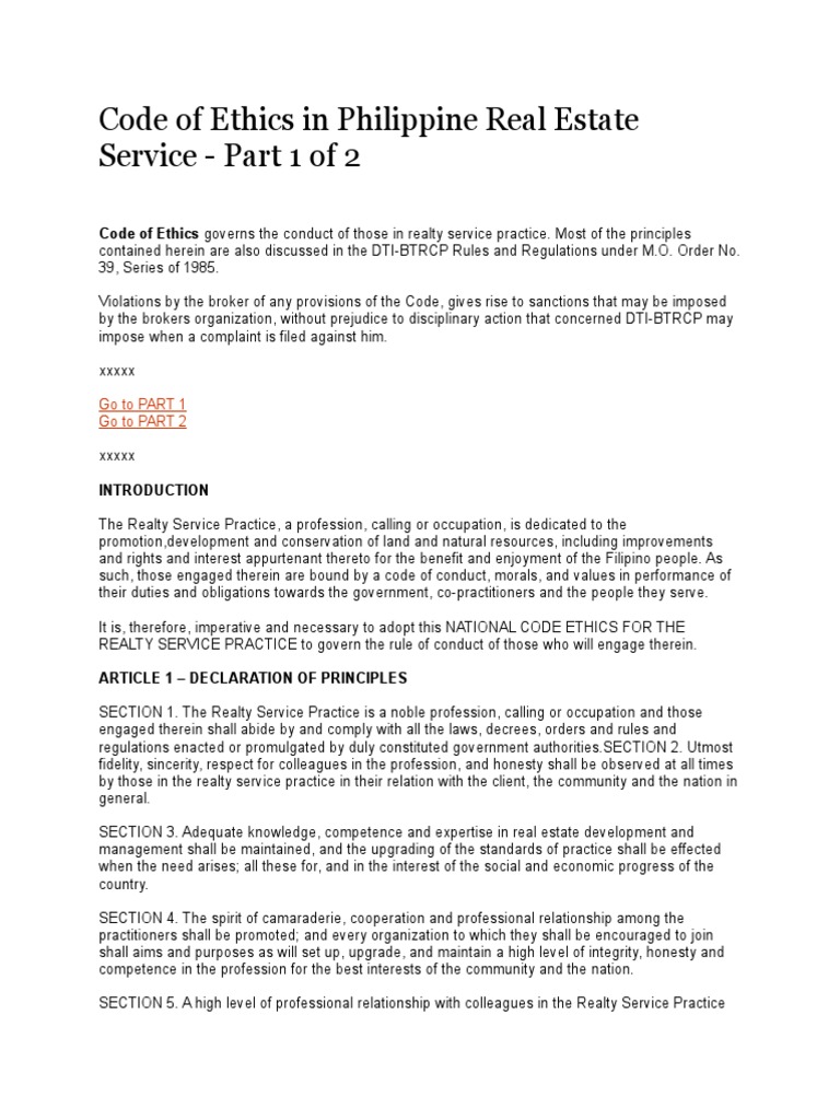 Code of Ethics in Philippine Real Estate Service | PDF | Financial ...