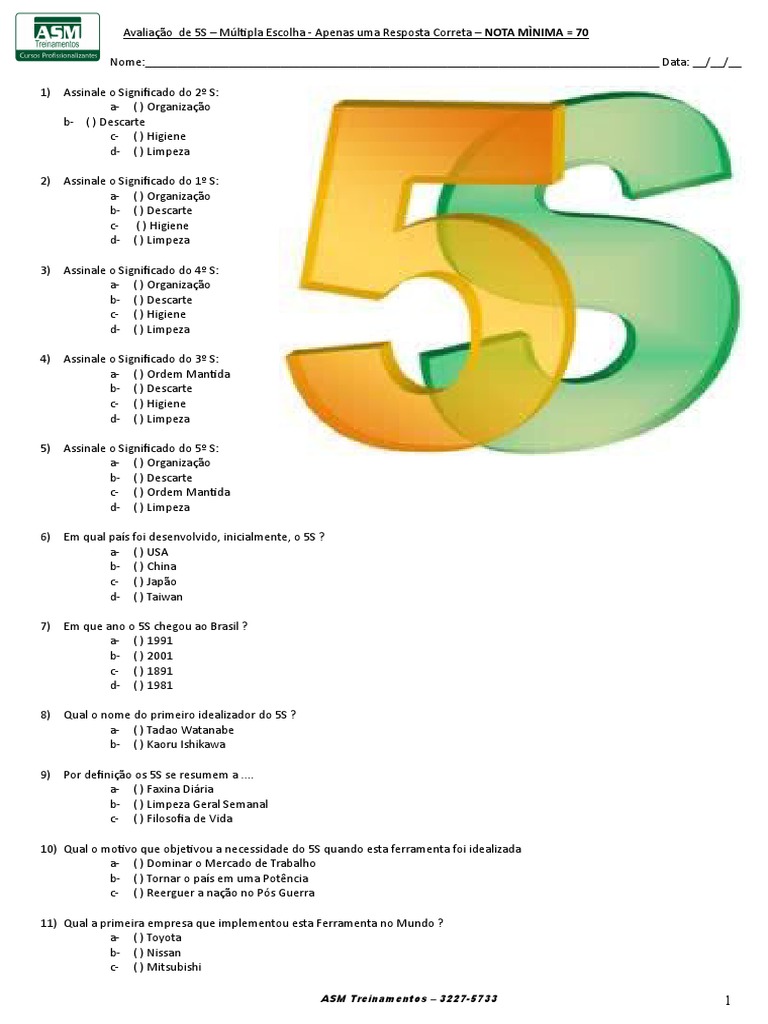 Avaliação de 5S - Múltipla Escolha - Mais de 40 Questões | PDF | Natureza