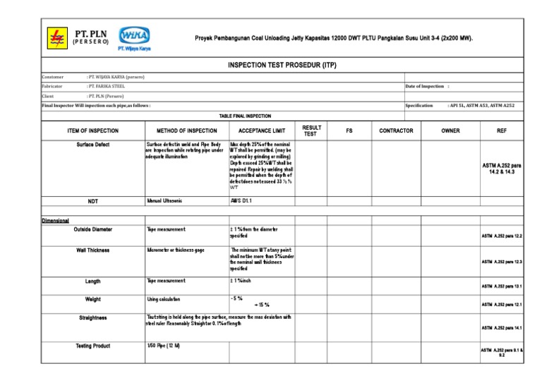 ITP (Inspection Test Prosedur) Pipe Steel Inspeksi | PDF | Pipe (Fluid ...