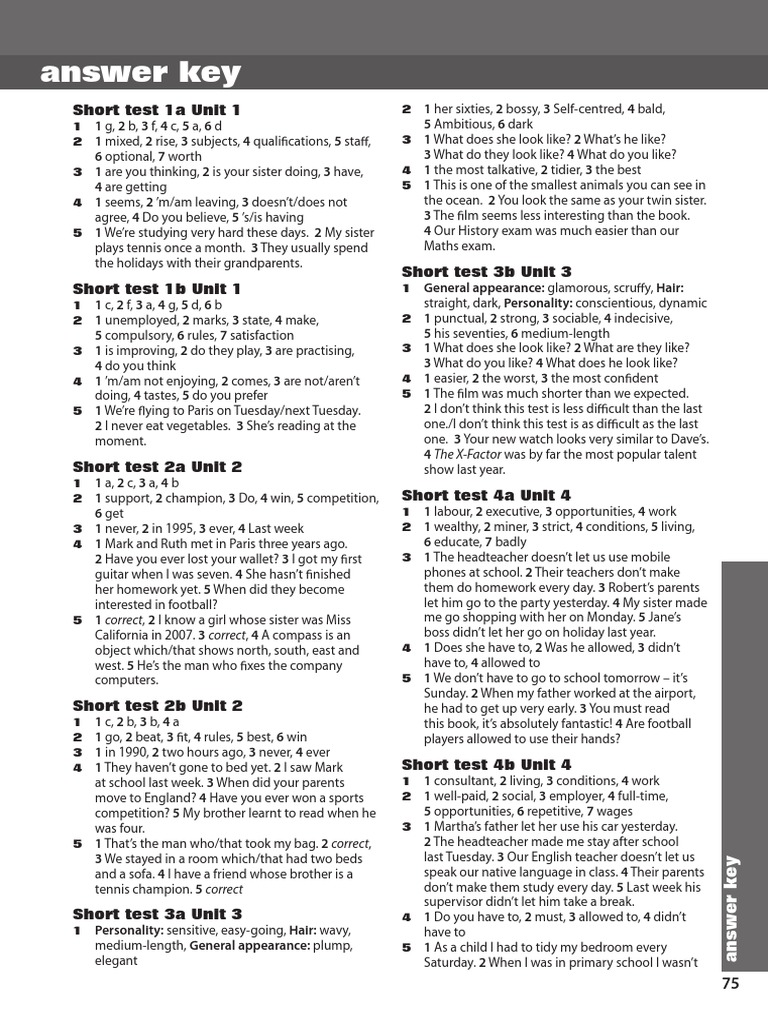 Answer Key: Short Test 1a Unit 1 | PDF