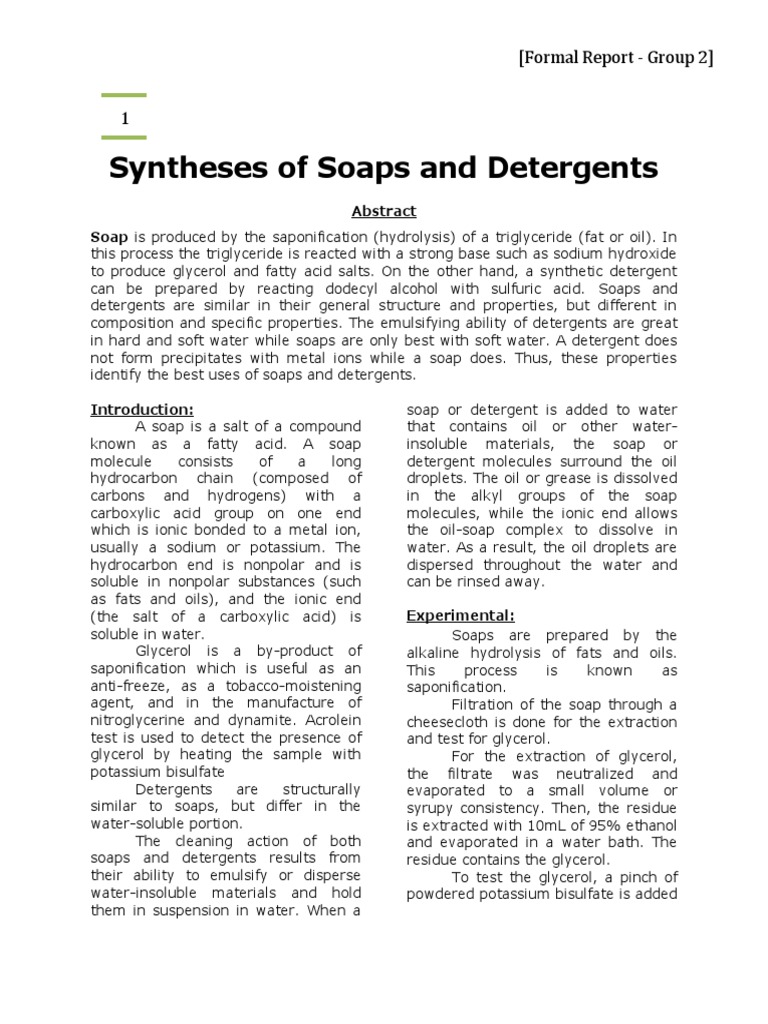 Syntheses of Soaps and Detergents | PDF | Cleaning Products | Soap