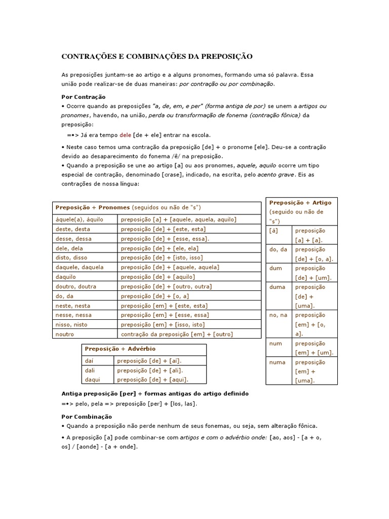 CONTRAÇÕES E COMBINAÇÕES DA PREPOSIÇÃO.pdf | Pronome | Relacionamentos ...