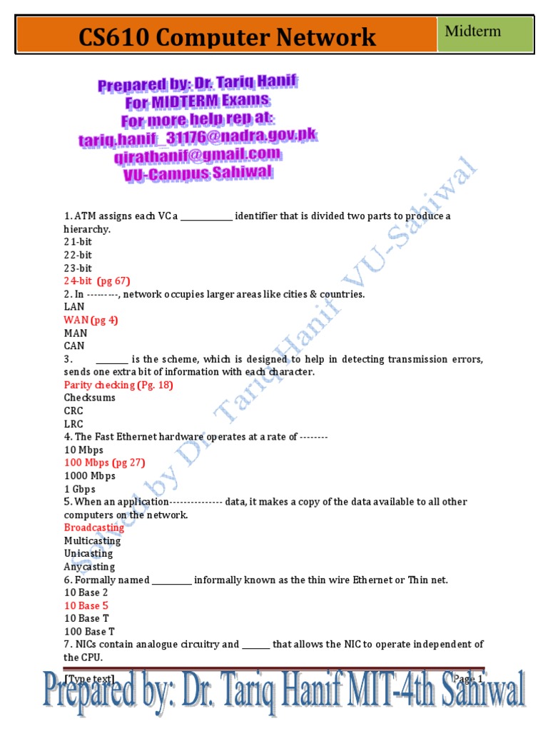 CS610 MCQs and Subjective by Tariq Hanif PDF | PDF | Asynchronous Transfer Mode | Computer Network