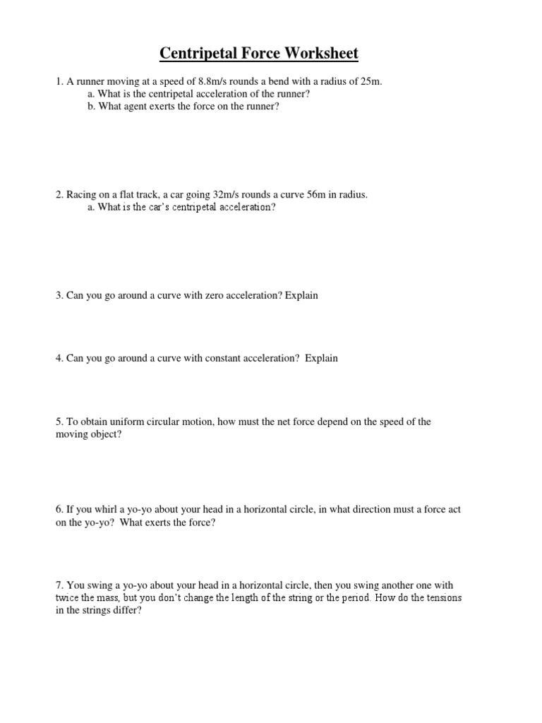 Centripetal Force Worksheet1 | PDF