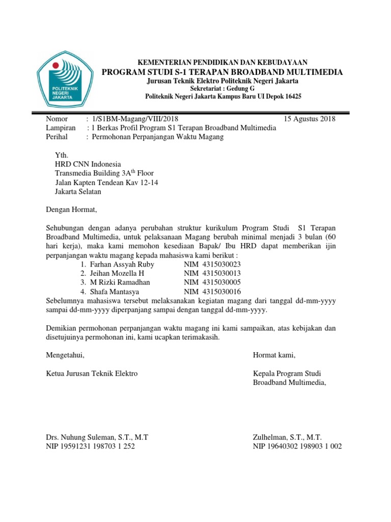 Template Surat Perpanjangan Magang BMR | PDF