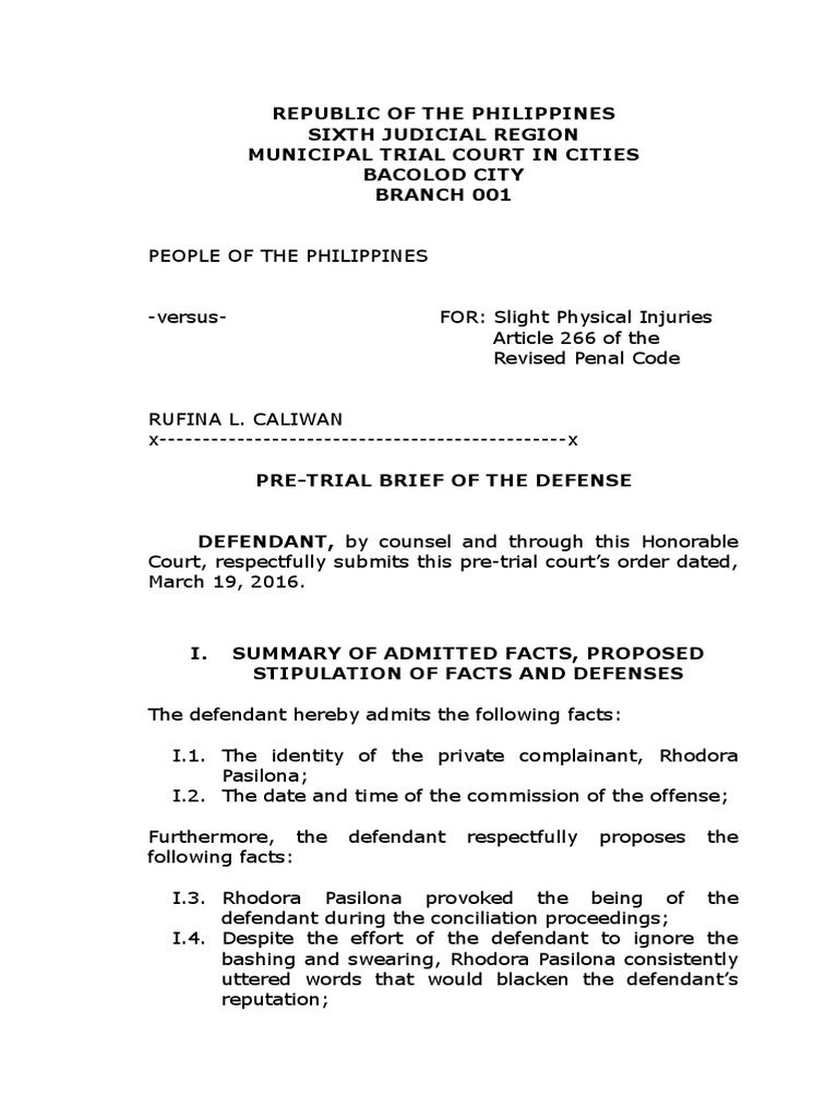Pre Trial Brief SAMPLE For Defense PDF | PDF | Criminal Justice | Crime ...