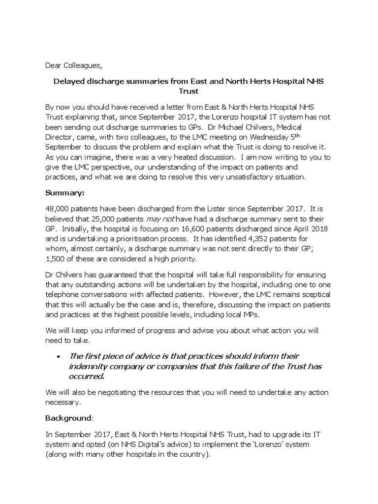 Delayed Discharge Summaries From East and North Herts Hospital NHS ...