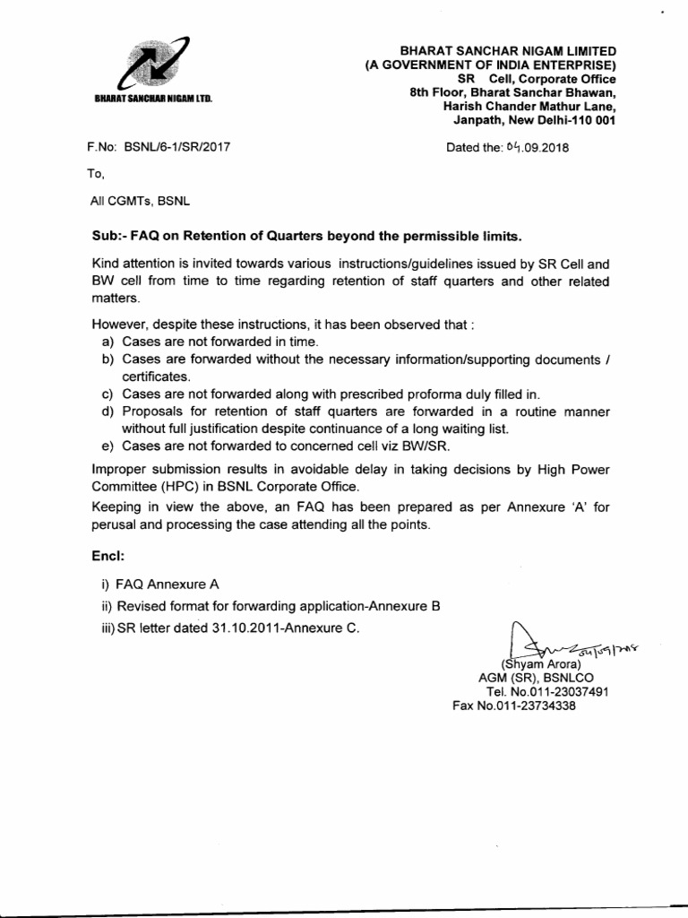 Faq On BSNL Quarter Retention Rules | PDF
