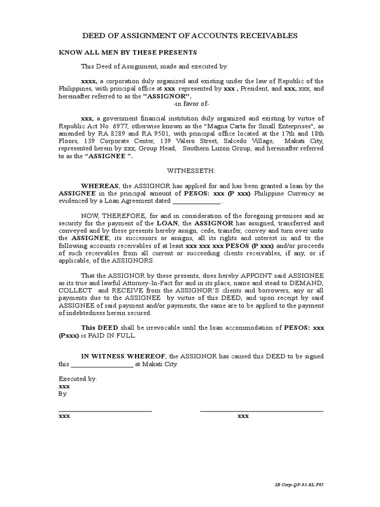 Deed of Assignment Receivables | PDF | Assignment (Law) | Law And Economics