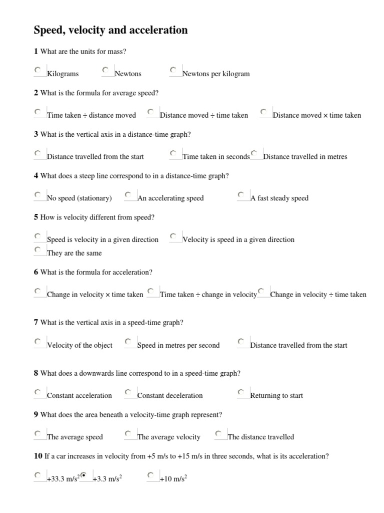 Physics Quiz: Speed & Acceleration | PDF