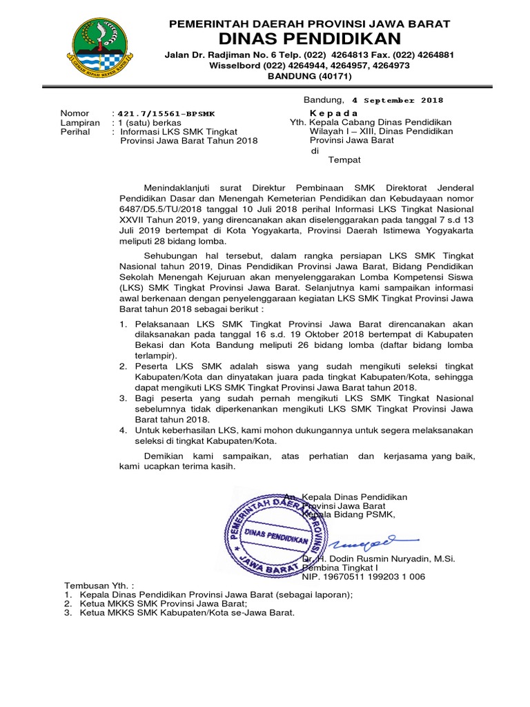 Surat Informasi LKS SMK 2018 Di Kab. Bekasi Dan Kota BDG | PDF