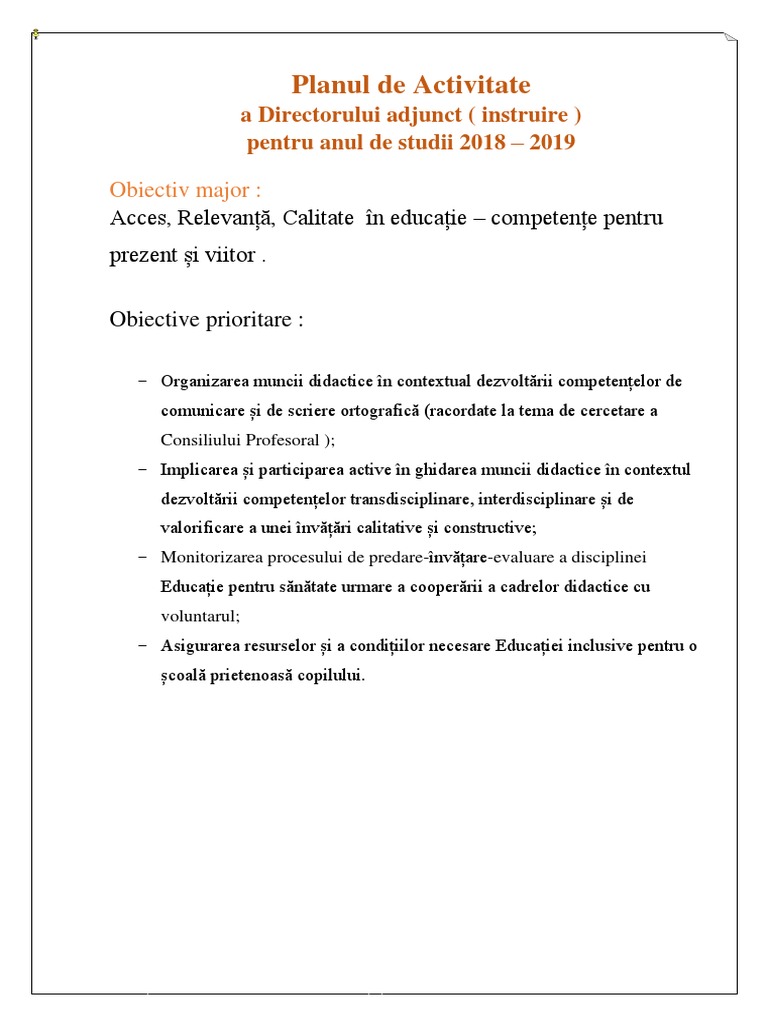 Planul de Activitate 2018-2019 Director Adjunct Instruire | PDF