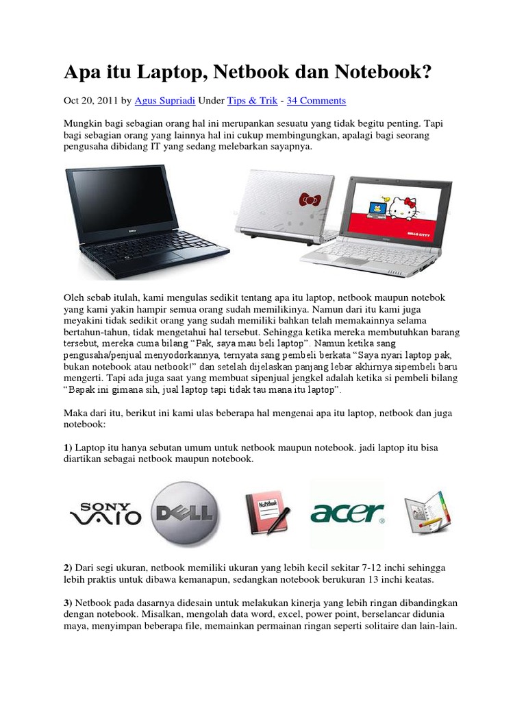 Pengertian Laptop, Netbook, dan Notebook | PDF | Komputer | Teknologi ...