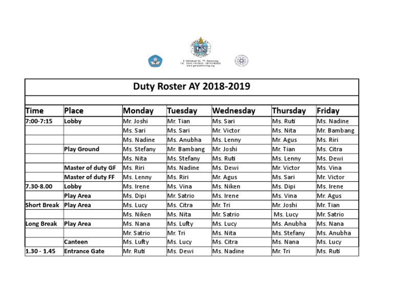 Duty Roster AY 2018-2019: Time Place Monday Tuesday Wednesday Thursday ...