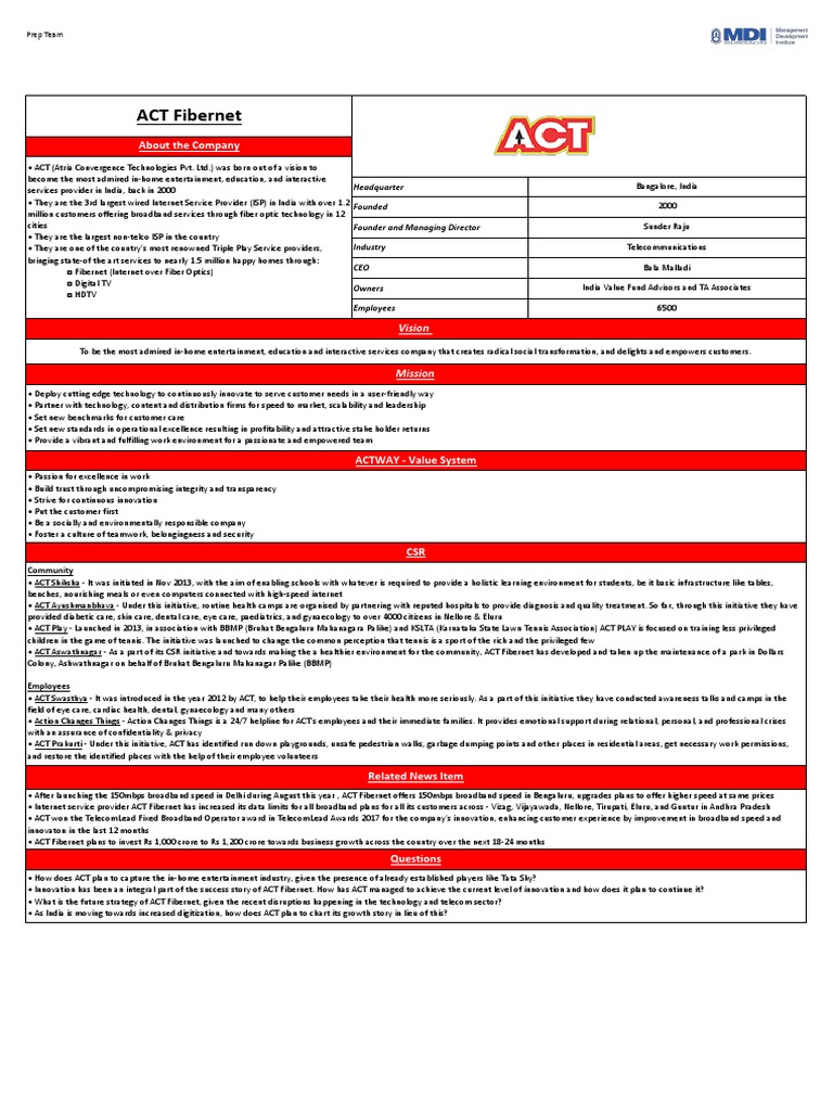 ACT Fibernet CheatSheet PDF | PDF | Innovation | Telecommunications