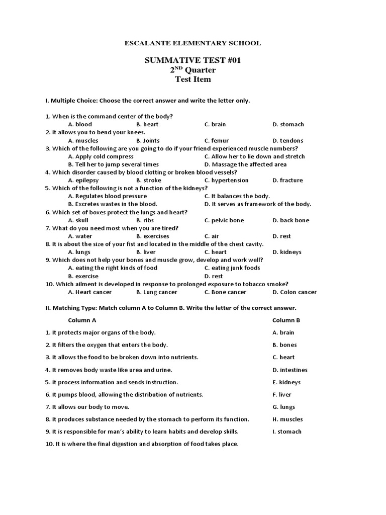 Summative Test #01 2 Quarter Test Item: Escalante Elementary School ...