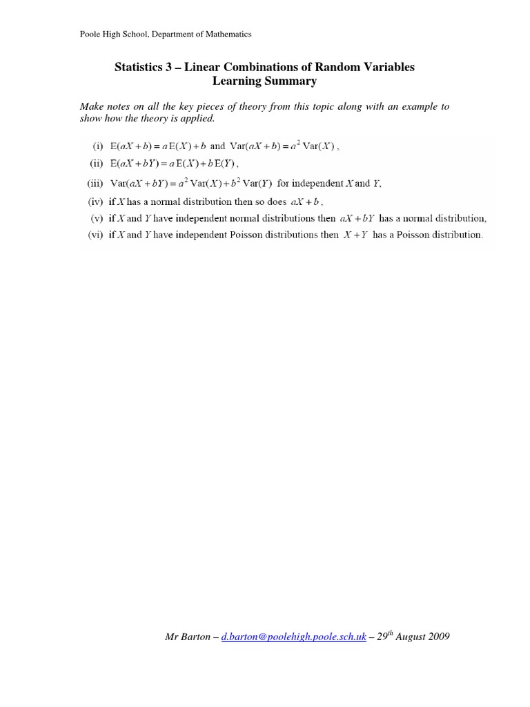 Statistics 3 - Linear Combinations of Random Variables Learning Summary ...