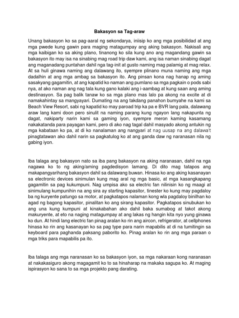 Ang Aking Bakasyon Sanaysay - Huxley Sanaysay