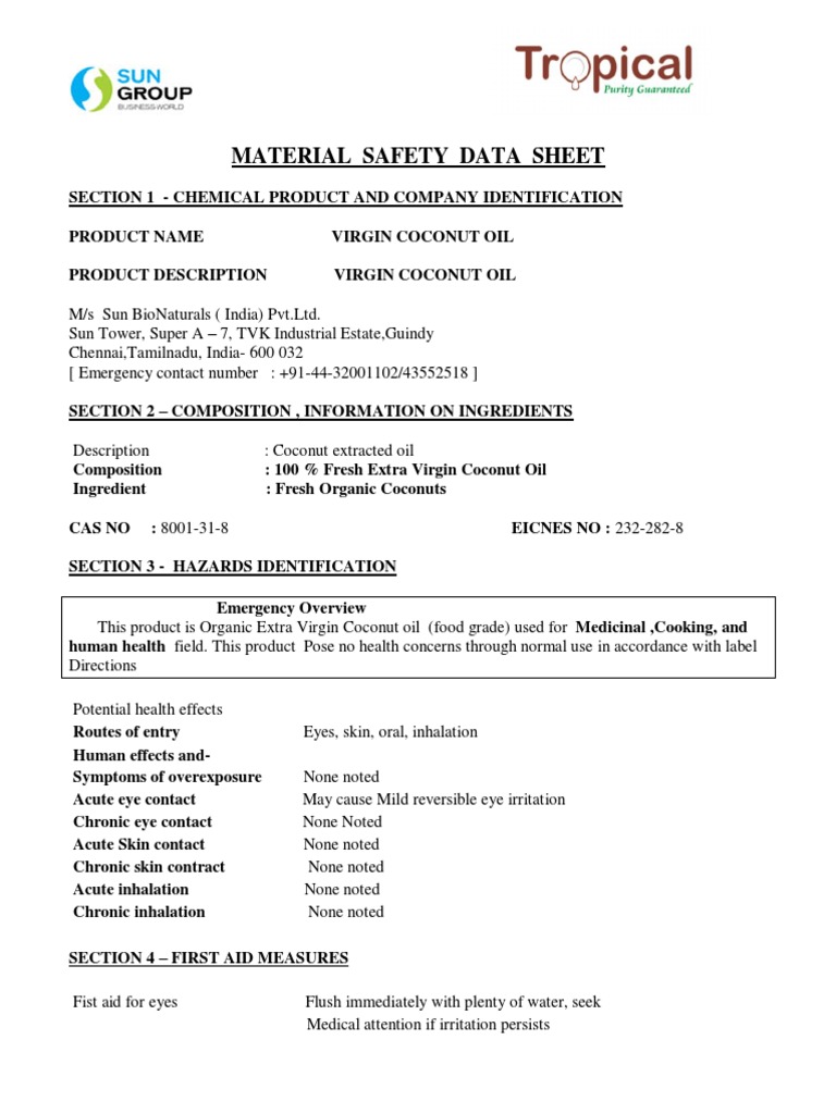 MSDS-Virgin Coconut Oil | PDF | Toxicity | Water
