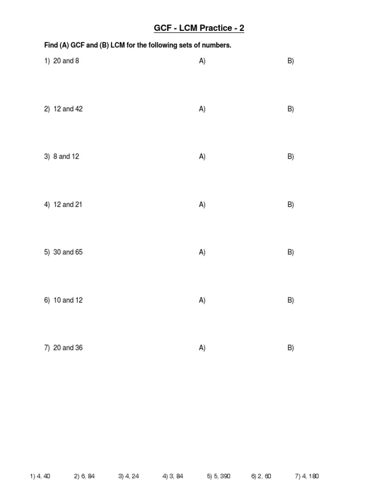 GCF & LCM Practice Problems | PDF | Science & Mathematics | Technology ...