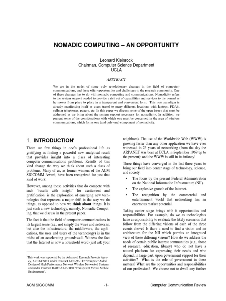 Nomadic Computing - An Opportunity: Leonard Kleinrock Chairman, Computer Science Department Ucla ...