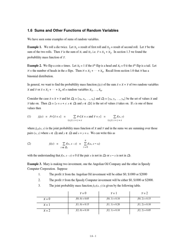 1.6 Sums and Other Functions of Random Variables: Example 1. We Roll A ...