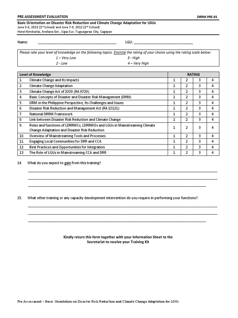 DRRM Pre Evaluation Form | Disaster Risk Reduction | Risk