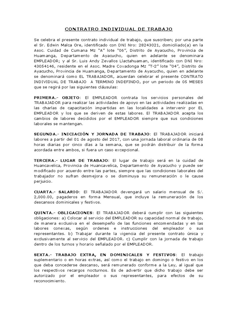 Plantilla para La Elaboracion de Contrato Individual de Trabajo | PDF | Tiempo de trabajo | Salario