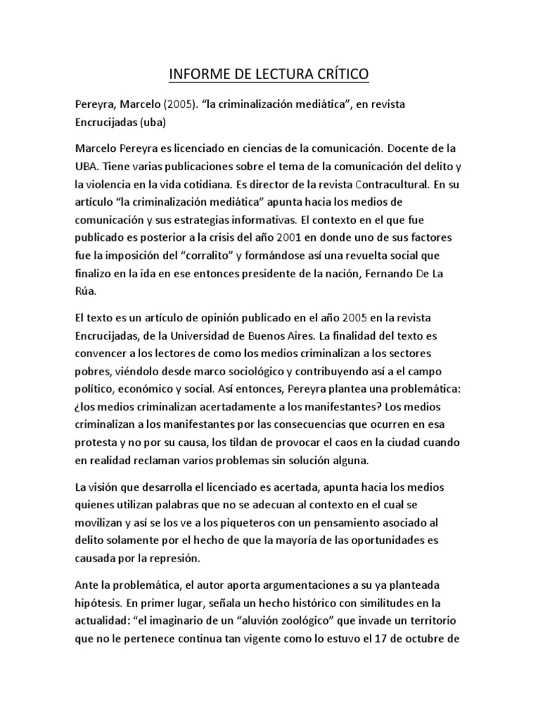 Informe de Lectura Crítico | PDF | Lectura (proceso) | Comunicación
