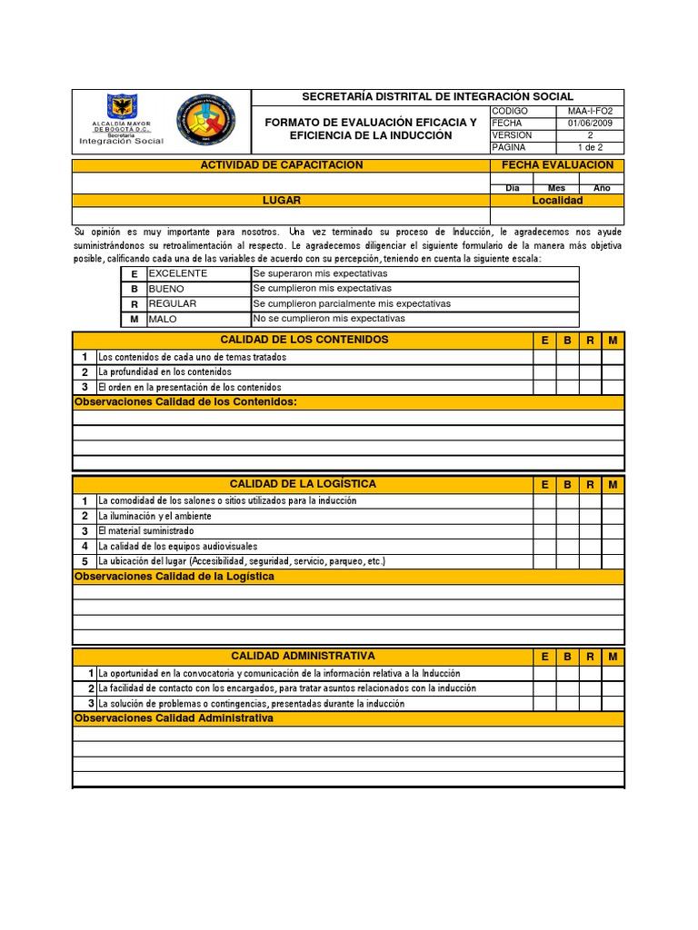 FORMATO EVALUACIÓN EFICACIA Y EFICIENCIA DE LA INDUCCIÓN.pdf | Calidad (comercial ...